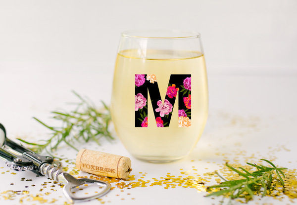 Floral Letter Stemless Wine Glass - Joella Design